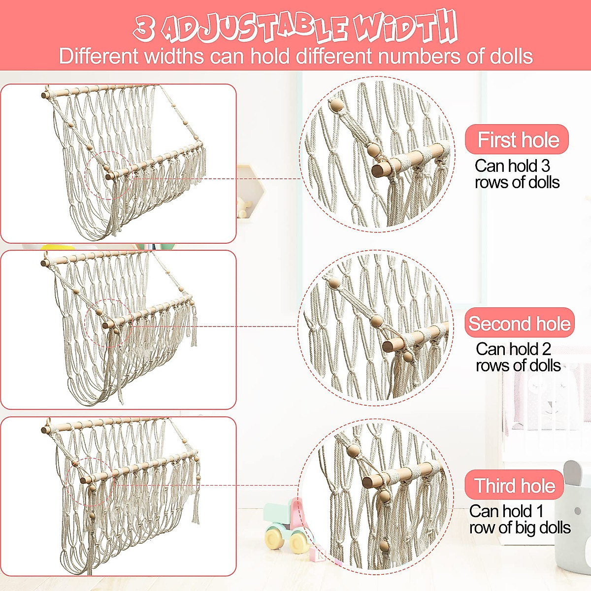 2 Pcs Stuffed Animal Hammock with LED Light, No Battery, Macrame Stuffed Animal Toy Hammock for Neatly Store Hanging Plush Animals Toys Animals Net Storage Organizer for Nursery Play Room Bedroom