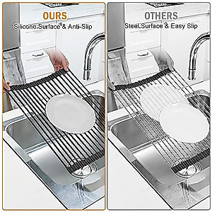 LEMIKKLE Roll Up Dish Drying Rack 17" x 13", Over The Sink Dish Drainer Rack, Foldable Sink Drying Rack, Anti-Slip Silicone Wrapped Dish Drainer for Kitchen Counter (Black 17" x 13")