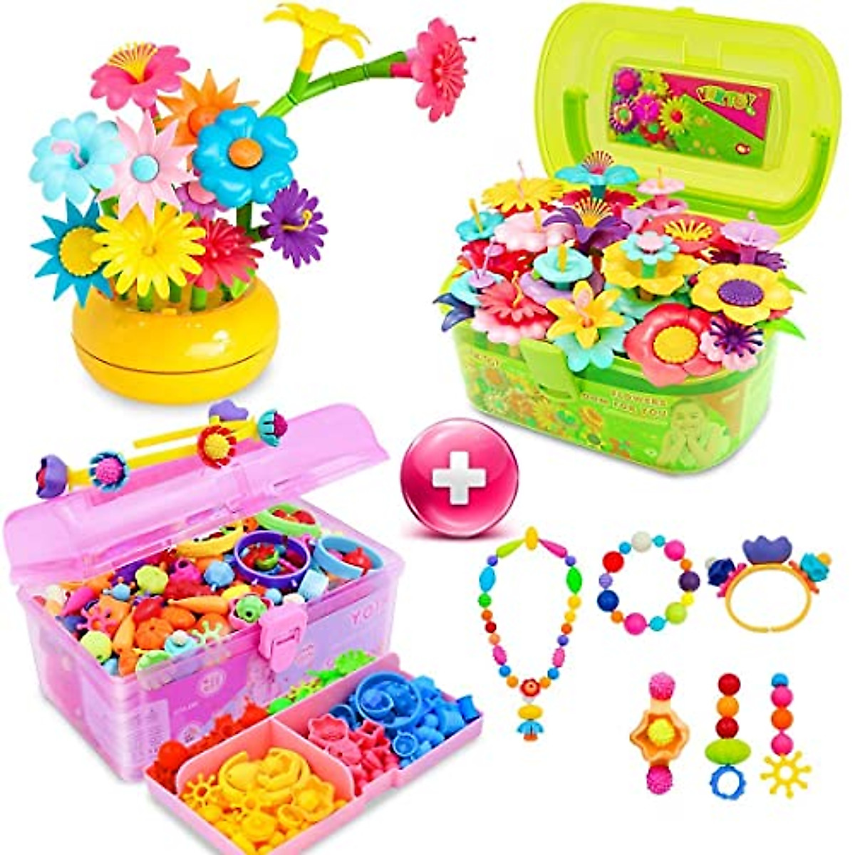 VERTOY Flower Garden Building Toy Set Bundle with Pop Beads Jewelry Making Kit, Best Gift for 3-6 Years Old Girls and Toddlers, Value 2 Packs