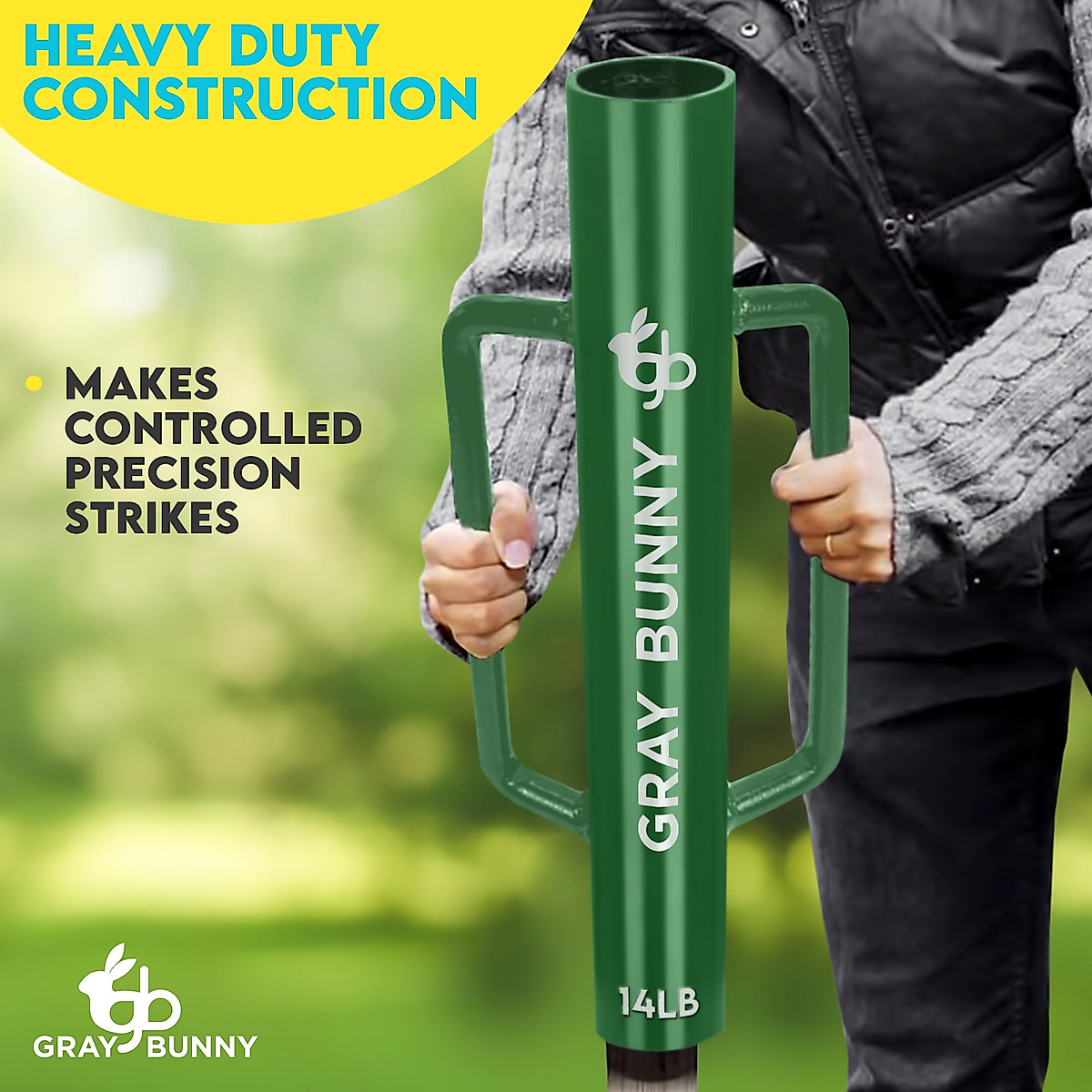 Gray Bunny T Post Driver with Handles, 14LB Heavy Duty Fence Post Driver, Post Pounder for T-Posts, U Channel, Wood, Metal Fence Posts and Signs - Rust Resistant Cast Iron