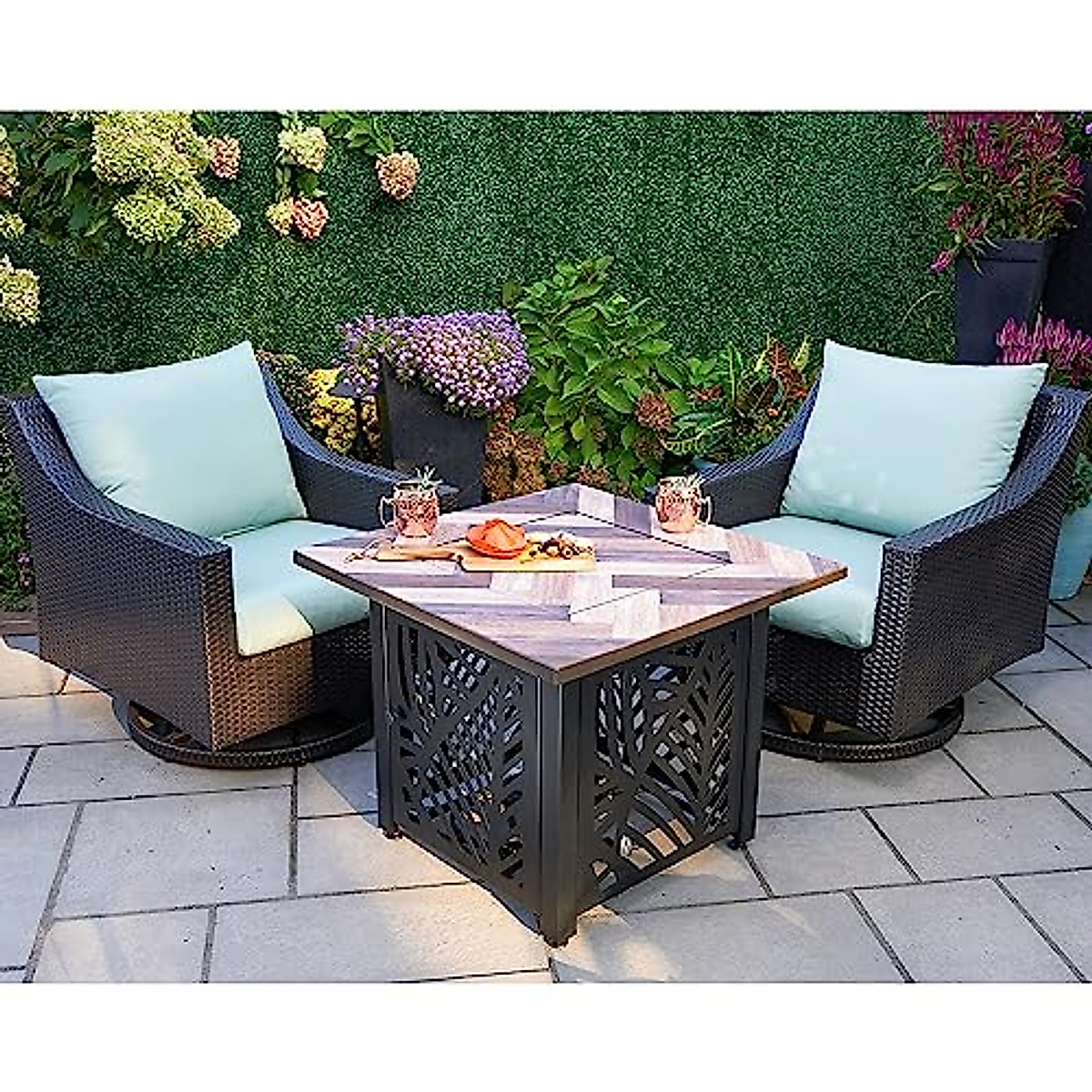 Endless Summer Darby 30 Inch Square Outdoor UV Printed 50,000 BTU LP Gas Fire Pit​ Table with Faux Wood Mantel and Stamped Steel Base