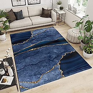 Deep Blue Gold Marble Area Rug, Abstract Gold Line Blue Art Soft Washable Carpet, Upholstery Rug with Non-Slip Backing for Kids Boys Girls Bedroom Living Room Dining Room Study 3ftx5ft