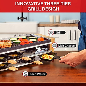 Raclette Table Grill, COKLAI Raclette Grill 8 Cheese Melter Pans 8 Spatulas Three-Tier Indoor Electric Grill, with Temperature Control and Removable Non-Stick Grillplate, Dishwasher Safe