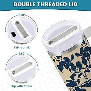 RPLIFE Blue Leaf Beige 40oz Tumbler with Handle, Stainless Steel Tumbler with Straw, Tumblers for Women
