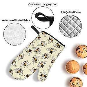 Happy Busy Bees Oven Mitts and Pot Holders 4pcs Set, Kitchen Oven Glove High Heat Resistant Extra Long Oven Mitts and Potholder