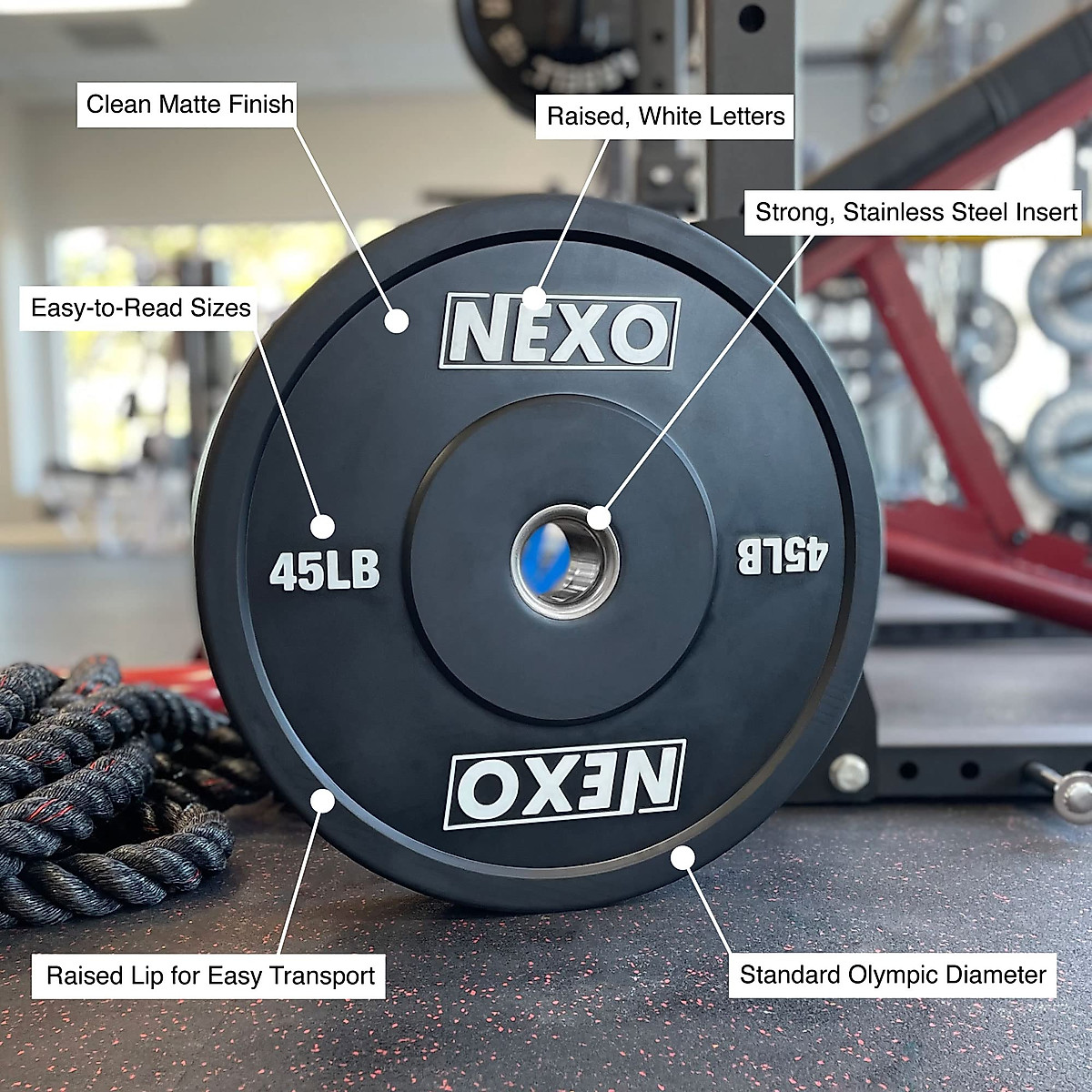 NEXO 45LB Rubber Olympic Bumper Plate Pair - Premium Matte Black Finish 2x 45LB Cross Training Weight Plates