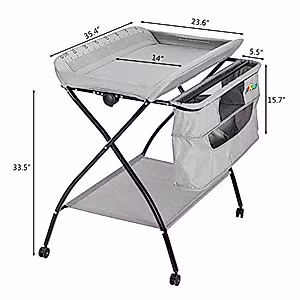 JOYMOR Portable Diaper Changing Station,Folding Baby Changing Table for Infant, Moblie Diaper Changing Table with Wheels, Large Storage Basket ＆ Shelf Portable Nursery Organizer (Grey)