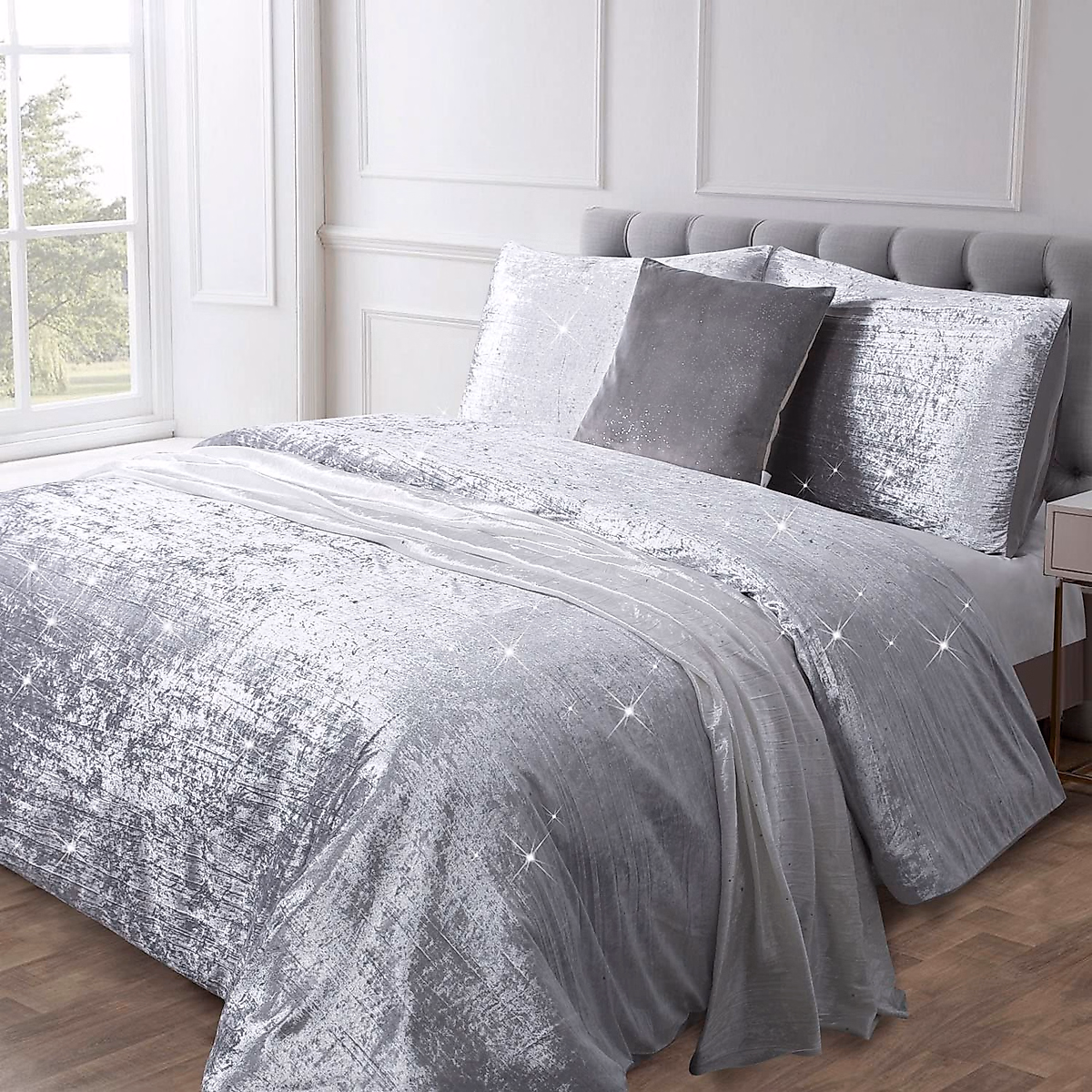YINFUNG Velvet Duvet Cover Silver Queen Luxury Grey Crushed Velvet Boho Crinkle Light Grey Sequin Glossy Sparkle Glitter Vibrant Textured 90×90 Winter Bedding Set