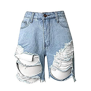 GDJGTA Women Jeans Shorts Pants Overalls Pants Stretch-Free Slim Hole Distressed Casual Fit Hot Pants Light Blue
