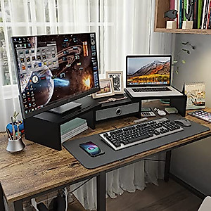 ORLALAR Dual Computer Monitor Stand with Drawer, Office Supplies Desktop Organizer Stand 3 Shelf Monitor Riser with Adjustable Length and Angle, Home Office Desk Accessories, Black