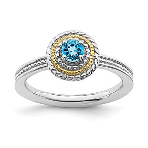 Solid 925 Sterling Silver and 14k Yellow Gold Stackable 925 Sterling Silver Blue Topaz Ring Eternity Band Size 7