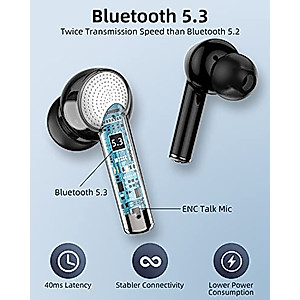 Bluetooth 5.3 Earbuds, HiFi Stereo with 13mm Special Driver, Wireless Headphones in Ear Light-Weight, LED Digital Display, 40H Playtime, IPX7 Waterproof, Bluetooth Earphones 4 Mics for Android iOS
