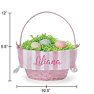 Personalized Easter Egg Basket with Handle and Custom Name | Pink Striped Easter Basket Liners | Pink Basket | Woven Easter Baskets for Kids | Customized Easter Basket | Personalized Gifts for Easter