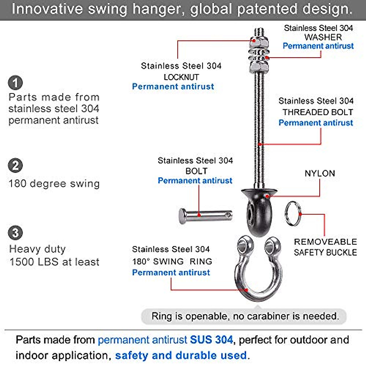 Dolibest Set of 2 Permanent Antirust Stainless Steel 304 Heavy Duty Swing Hangers, 1800LB Capacity, Wood and Steel Beam Yoga Hammock Chair Punching Bag Porch Swing Sets,180° Swing, 7.67‘’