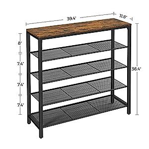 VASAGLE Shoe Rack, 5-Tier Shoe Storage Organizer with 4 Metal Mesh Shelves for 16-20 Pairs and Large Surface for Bags, for Entryway, Hallway, Closet, Industrial, Rustic Brown and Black ULBS15BX
