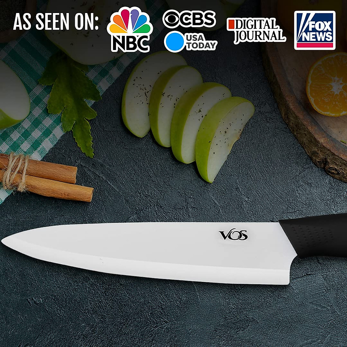 Vos Ceramic Knife 8 Inch Chef with Cover and a Gift Box - Advanced Kitchen Tool for Chefs - Sharp Plain Blade Edge for Cutting, Paring, Slicing, Dicing, Chopping - Ideal for Vegetable, Fruits (Black)