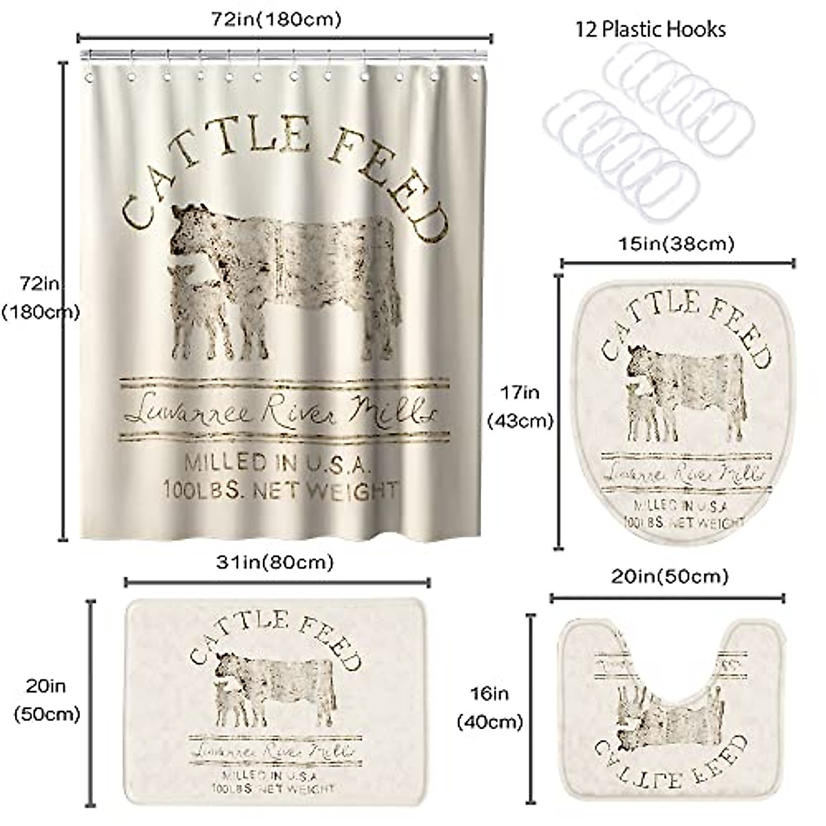 Final Friday Farmhouse Cattle Feed Cow Rustic Bathroom Sets with Shower Curtain 72Wx72H and Rugs and Accessories Decor with Bath Mat, U-Shaped Contour Velvet Washable 20 x 31 inches Ivory White
