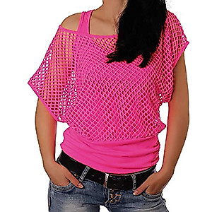Smile Fish Women Casual Sexy 80s Costumes Fishnet Neon Off Shoulder T-Shirt (Hot Pink US 6-8/Tag Size M)
