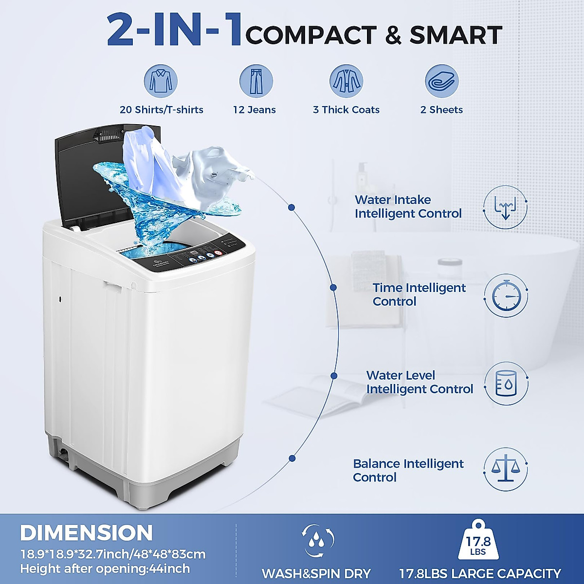 Nictemaw Portable Washing Machine 17.8Lbs Large Capacity 2.4 Cu.ft Portable Washer Machine with 10 Programs and 8 Water Levels Selections Mini Washing Machine for Apartment, Home, Dorms, Rv