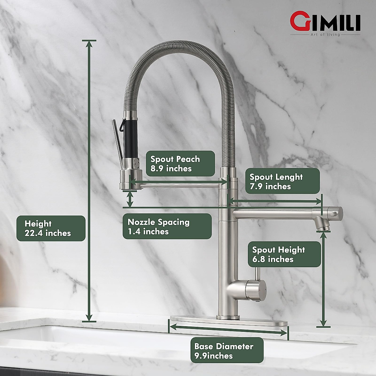 GIMILI Kitchen Faucet with Pull Down Sprayer Commercial Kitchen Faucet Double-Headed Single Handle Spring Stainless Steel Brushed Nickel Kitchen Sink Faucet