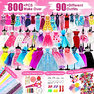 Axirata 800+PCS Fashion Designer Kit for Girls Creativity DIY Arts & Crafts Kit for Kids with Fashion Design Sketchbook, 4 Mannequins, Sewing Kit for Teen Girls Birthday Gift Age 6 7 8 9 10 11 12+
