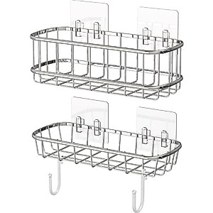 Simple Houseware 2-Tier Wall Mounted Adhesive Shower Caddy Shelf Organizer w/Hooks, Chrome