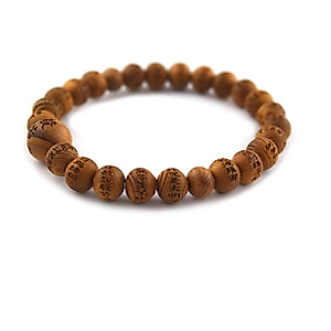 京都あさひ屋 Japanese Cedar Yakusugi Wood Heart Sutra carve Beads Bracelet Juzu dhyana Zen Kyoto rare Handmade for Men Women Gift Elastic Mala UDA108 (7.5-8.0mm)