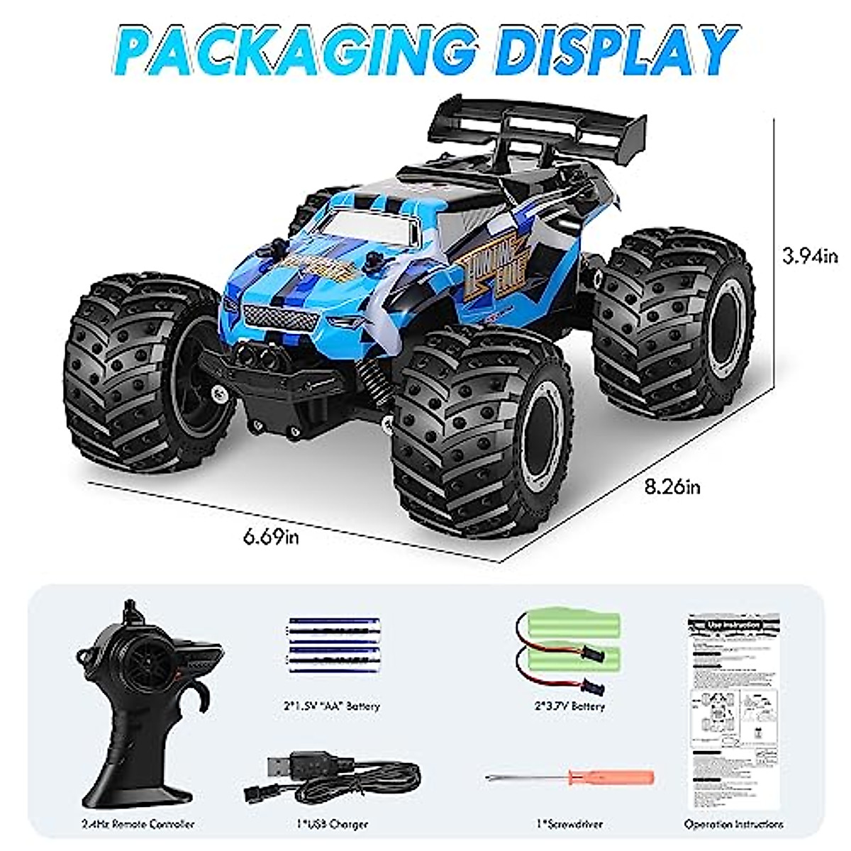 HENEROAR Remote Control Car, Remote Control Truck, 2.4Ghz All Terrain Off-Road Monster Truck, 20 KM/H Rc Cars with LED Bodylight and 2 Rechargeable Batteries Toys for Boys Age 4-7 8-12