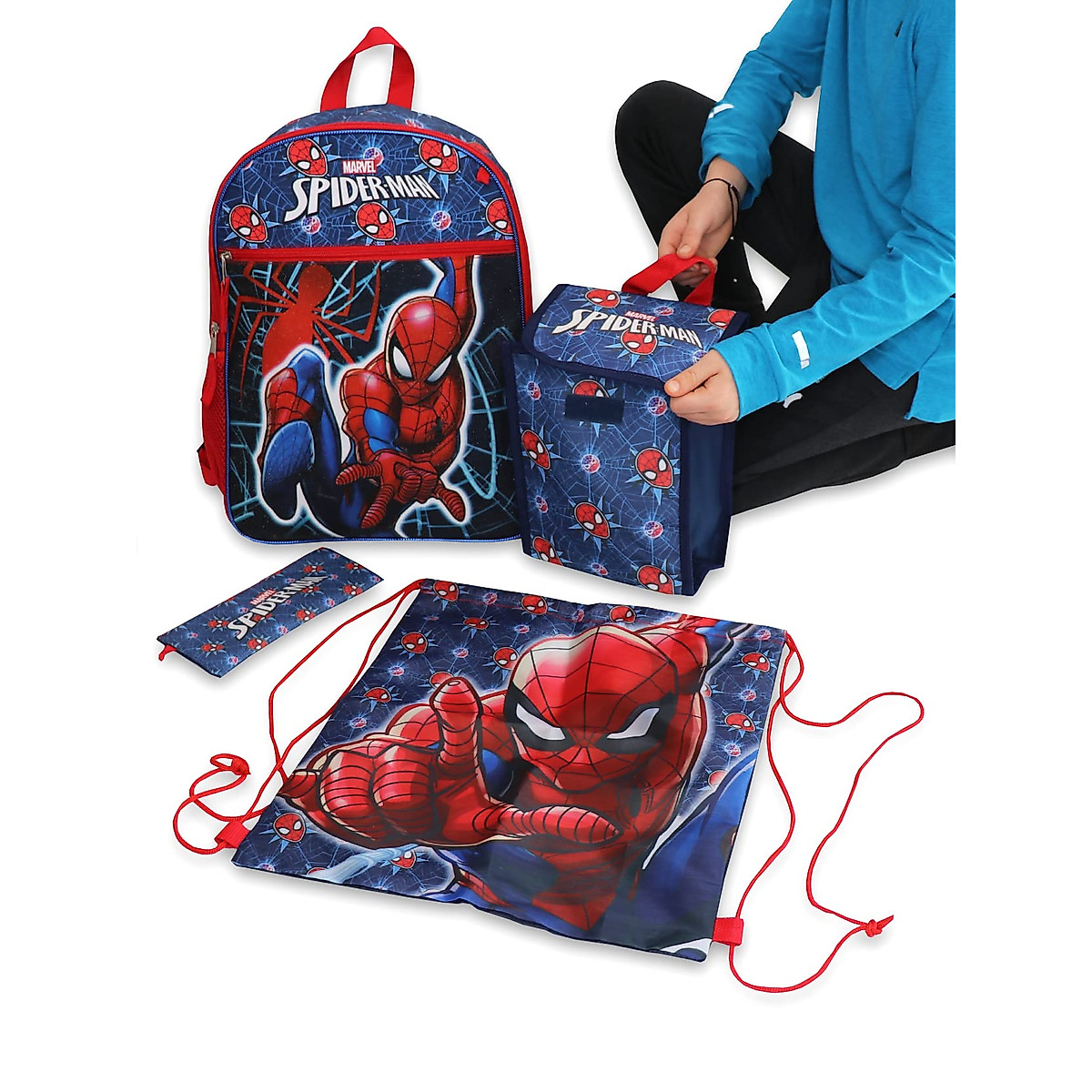 Marvel Spider-Man Boys 16" Backpack 5 piece School Set (One Size, Blue/Red)
