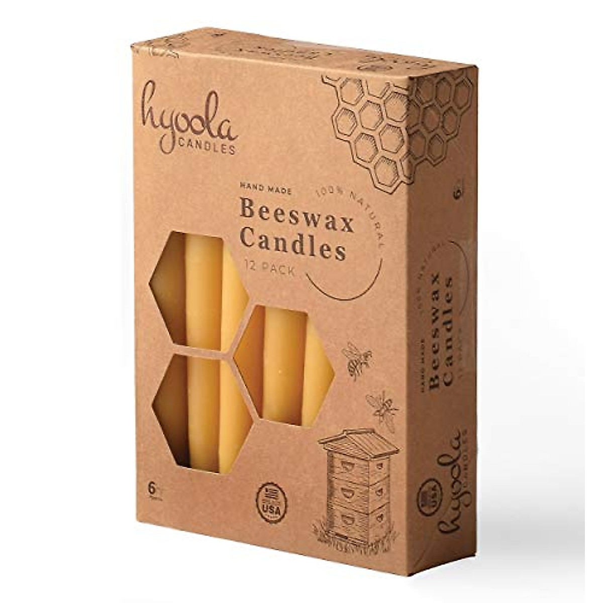 Hyoola Beeswax Taper Candles 12 Pack – Handmade, All Natural, 100% Pure Scented Bee Wax Candle - Tall, Decorative, Golden Yellow – 6 Hour Burn Time