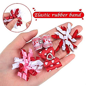 Chuangdi 16 Pieces Valentine's Day Dog Hair Bows Dog Curve Bows Puppy Topknot Hair Bows Mixed Styles Pet Cat Puppy Rhinestone Hair Bows with Rubber Bands Grooming Accessories