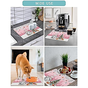 Coffee Mat for Counter, Christmas Gnome with Green Xmas Tree Pink Absorbent Hide Stain Coffee Bar Mat, Non-slip Coffee Bar Accessories Kitchen Drying Mat Fit Under Coffee Maker Espresso Machine