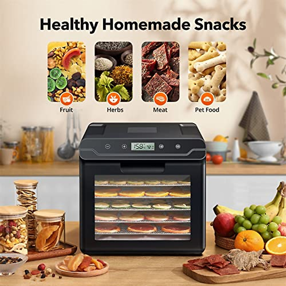 Food Dehydrator, PARIS RHÔNE Dehydrator Machine with 6 Stainless Steel Trays,72H Digital Timer, Temperature Control, Drop-Down & Viewing Door, for Jerky Fruit Meat Pet Treats Herbs and Yogurt