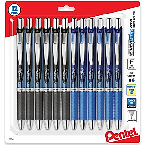 Pentel Energel 0.5 mm Needle Tip Pens, Rtx Retractable Liquid Gel Pen, 12 Pack Of 6 Black Ink & 6 Blue Ink Pens (total Of 12 Deluxe Pens In Box)
