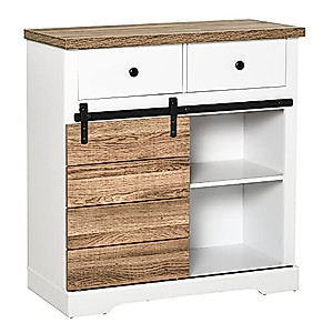 HOMCOM Farmhouse Coffee Bar Cabinet, Barn Door Wine Cabinet with Storage, Sideboard Buffet Cabinet with Wine Racks for Kitchen, White