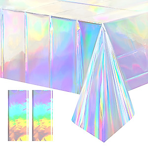 2 pcs Iridescence Holographic Foil Tablecloth 54*72 inch Laser Shiny Plastic Birthday Party Table Cloths Waterproof Table Cover for Christmas Wedding Bridal Shower Anniversary Party Supplies