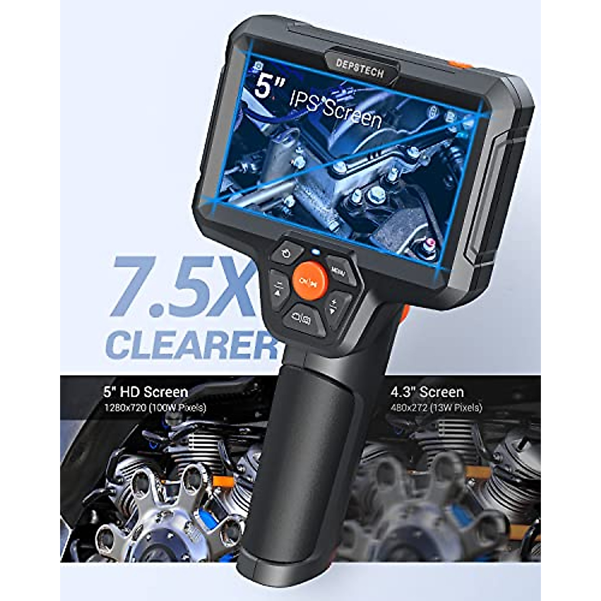 DEPSTECH 5" IPS Display Endoscope, Dual Lens Inspection Camera with Light, 7.9 mm HD Borescope, Sewer Camera with LED Flashlight, 32 GB, 5000 mAh Battery, Carrying Case, Detachable Snake Camera-16.5ft