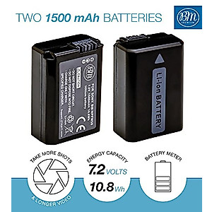 BM Premium 2 Batteries and Dual Bay Charger for Sony ZV-E10, A7 II, A6100, A6400, DSC-RX10 IV, DSC-RX10 II, RX10 III, Alpha 7, Alpha 7R, a7, a7R, A7s, A7s II, a3000 a5000 a5100 a6000 a6300 a6500