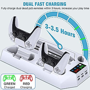 PS5 Stand and Cooling Station with Dual Controller Charging Station for Playstation 5 Console, PS5 Accessories Incl. Controller Charger, Cooling fan, Headset holder, 3 USB Hub, Media Slot, Screw White