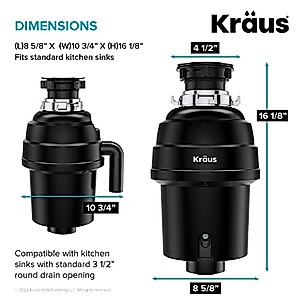 Kraus KWD100-100MBL WasteGuard 1 HP Continuous Feed Garbage Disposal with Ultra-Quiet Motor for Kitchen Sinks with Power Cord and Flange Included, 16 1/2 inch, Black