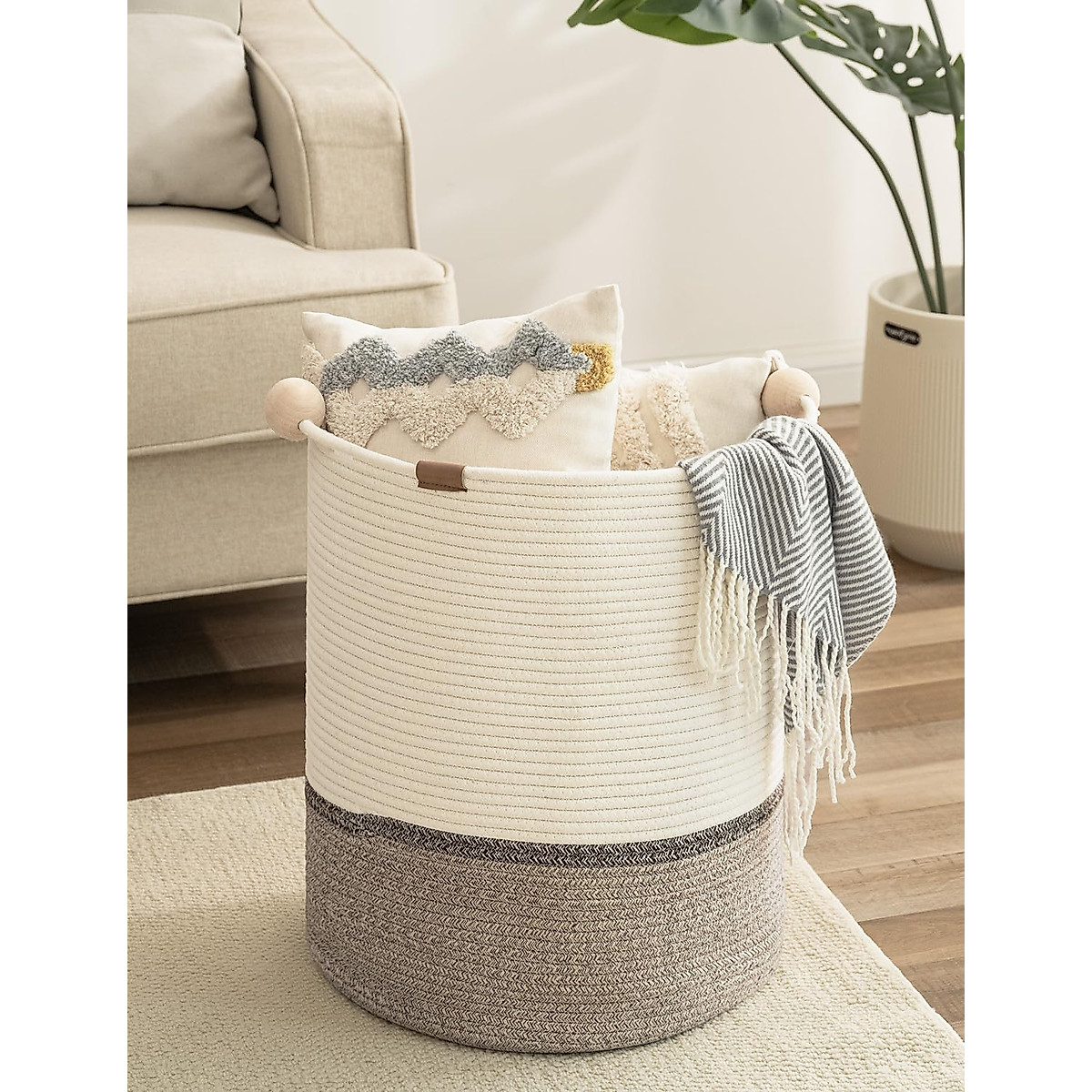StorageWorks 58L Cotton Rope Laundry Basket with Wooden Beads Handles, Woven Basket for Storage, Dirty Clothes, Kids Toys, Towels, White & Light Brown