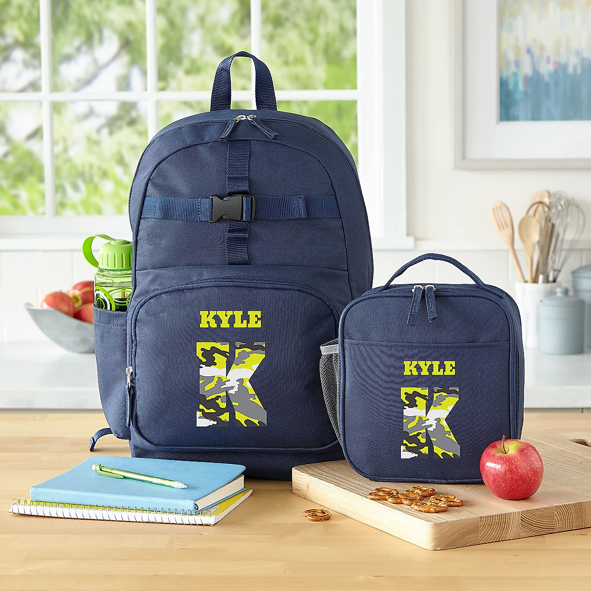 Let's Make Memories Navy Backpack Collection - Personalized Back to School Supplies - Book Bag with Lunchbox - Blue Camo Design