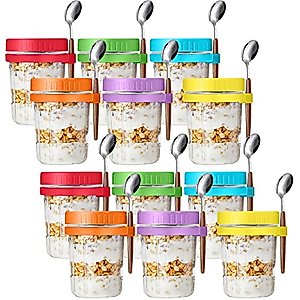 Sumind 6 Pack Overnight Oats Containers with Lids and Spoons 10 oz Large Capacity Airtight Oatmeal Container Glass Mason Overnight Oats Jars Reusable Container for Cereal Yogurt and Parfait