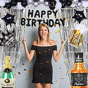 Black and Silver Happy Birthday Party Decorations for Men Women Boys Girls Him Her with 94pcs Black White Silver Balloons Black Happy Birthday Banner Foil Balloons Fringe Curtains Crown Beer Balloons