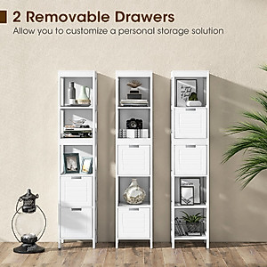 LOKO Tall Bathroom Storage Cabinet, Wooden Slim Bathroom Cabinet with Anti-toppling Device, Tall Narrow Storage Cabinet with 2 Removable Drawers, White