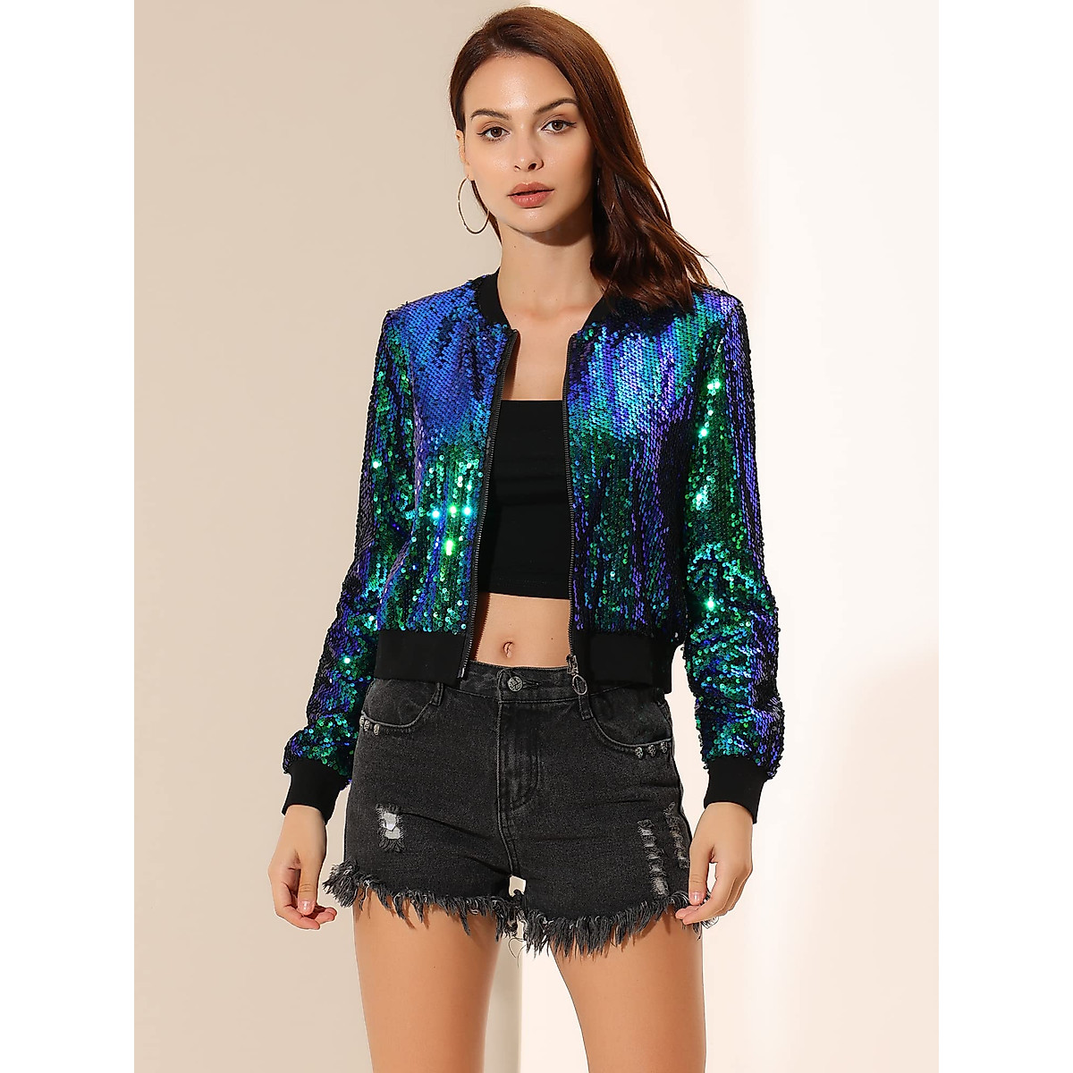 Allegra K Women's Sequin Jacket Long Sleeve Cropped Zipper Up Party Glitter Bomber Sparkly Jackets X-Small Green
