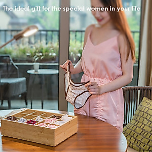 GOBAM Bamboo Closet Drawer Divider - Storage Organizer with 15 Compartments, Drawer Organizer, Storage Box for Belts, Ties, Bras, Briefs, Socks & Jewelry - Natural