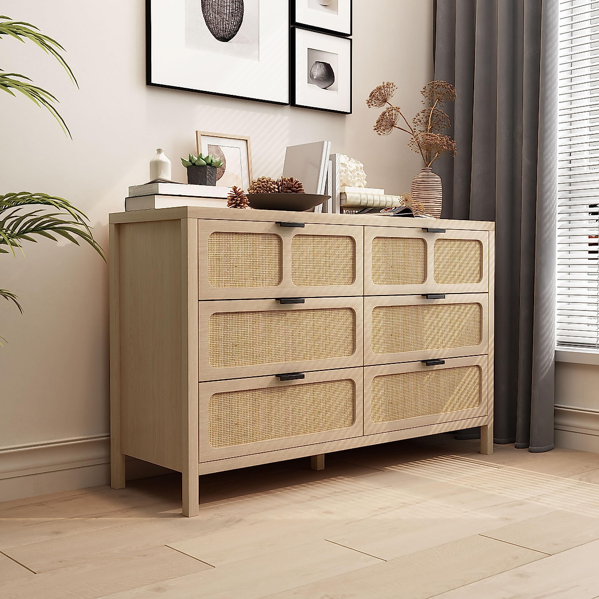 QEIUZON 6 Drawer Dresser, Modern Rattan Dresser Chest with Wide Drawers and Metal Handles, Farmhouse Wood Storage Chest of Drawers for Bedroom, Living Room, Hallway, Entryway (Natural-6 Drawers)