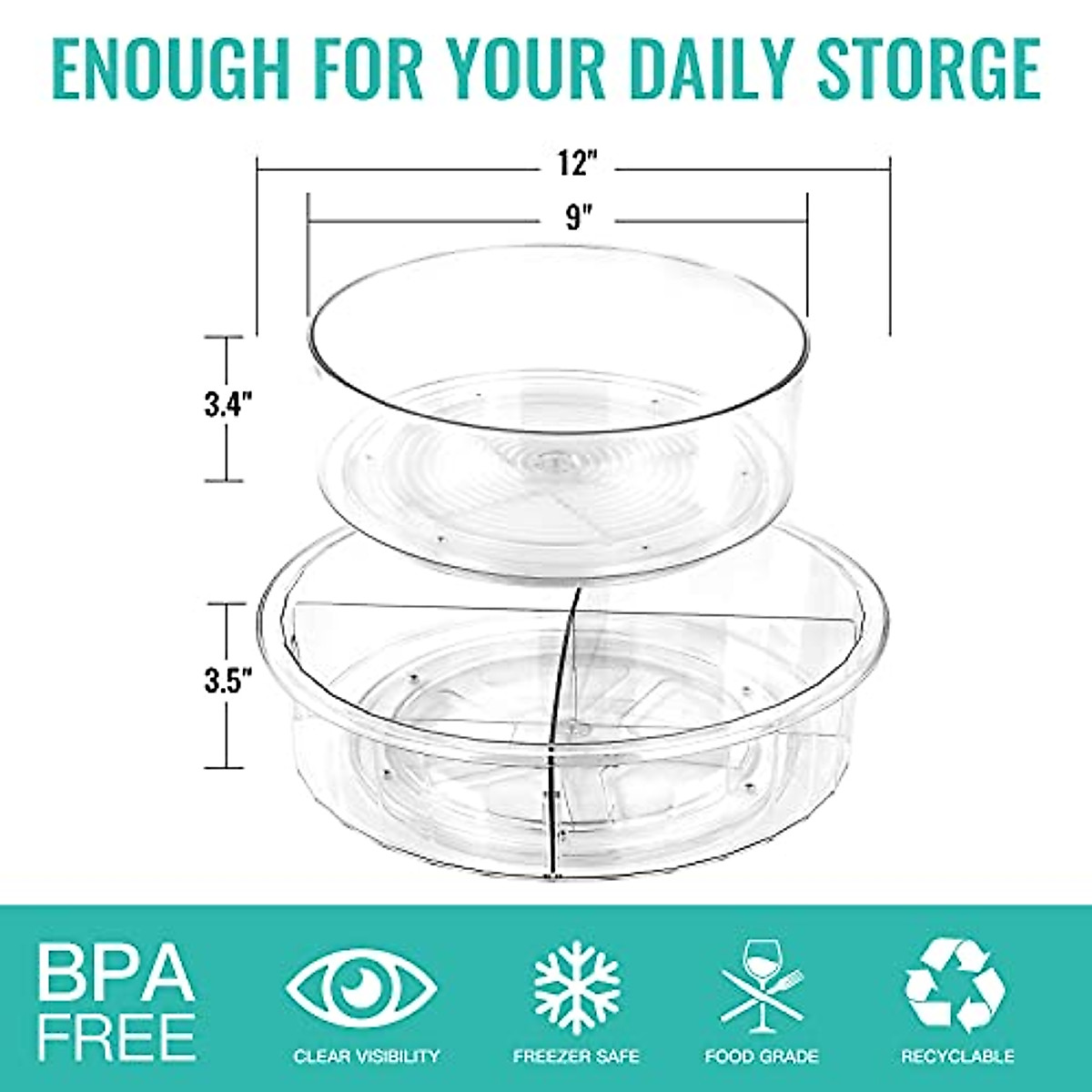 LITPRIN Lazy Susan Turntable Cabinet Organizer, Kitchen Pantry Organization and Storage with Dividers for Cabinet, Pantry, Fridge, Countertop, Kitchen, Vanity, 2 Pack（12"&9")