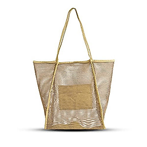 Covelin Women's Beach Tote Bag, Mesh Handbag Top-Handle Shoulder Bag Tan